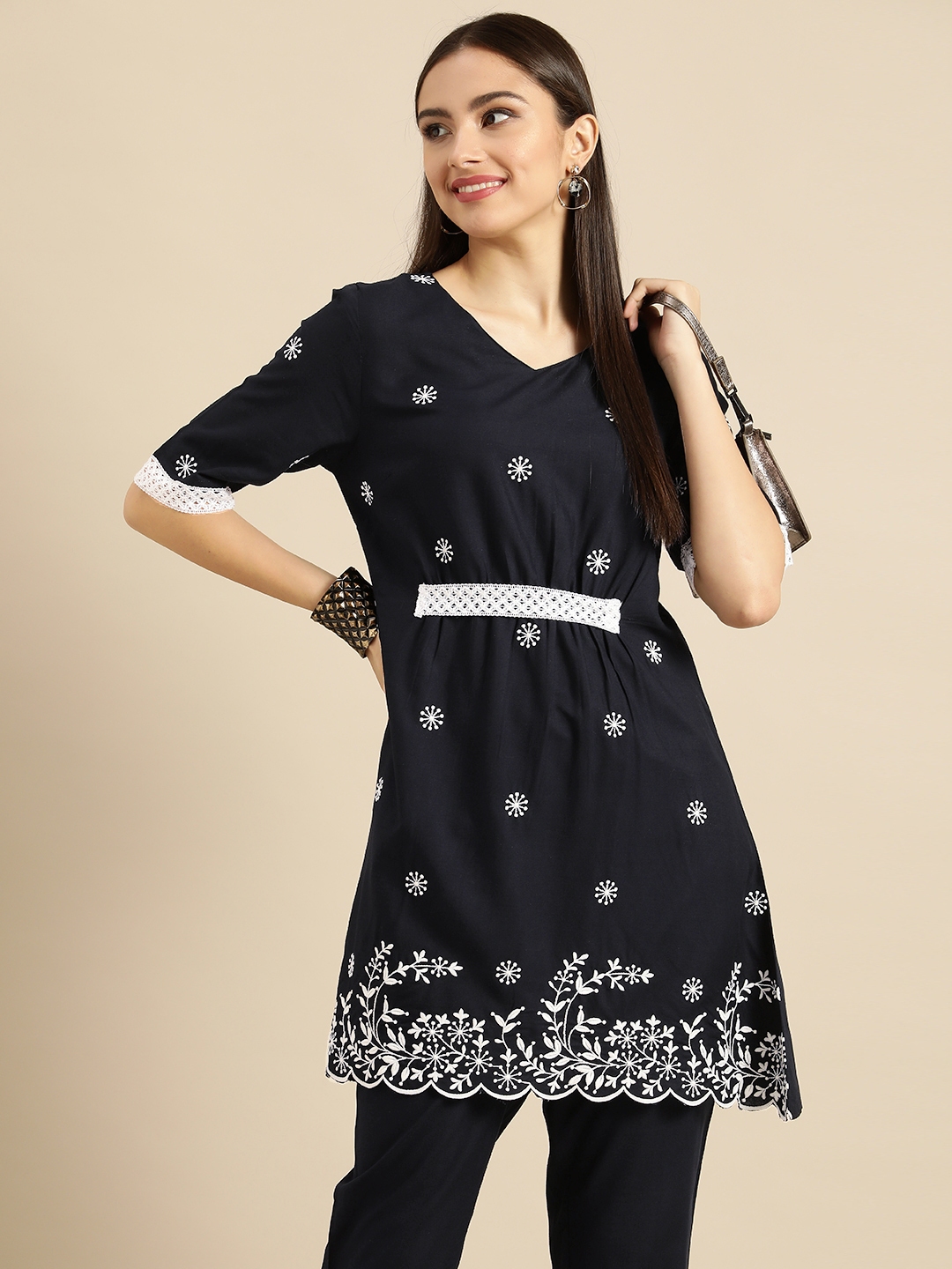 Buy Anouk Women Navy Blue And White Ethnic Motifs Embroidered Kurta With