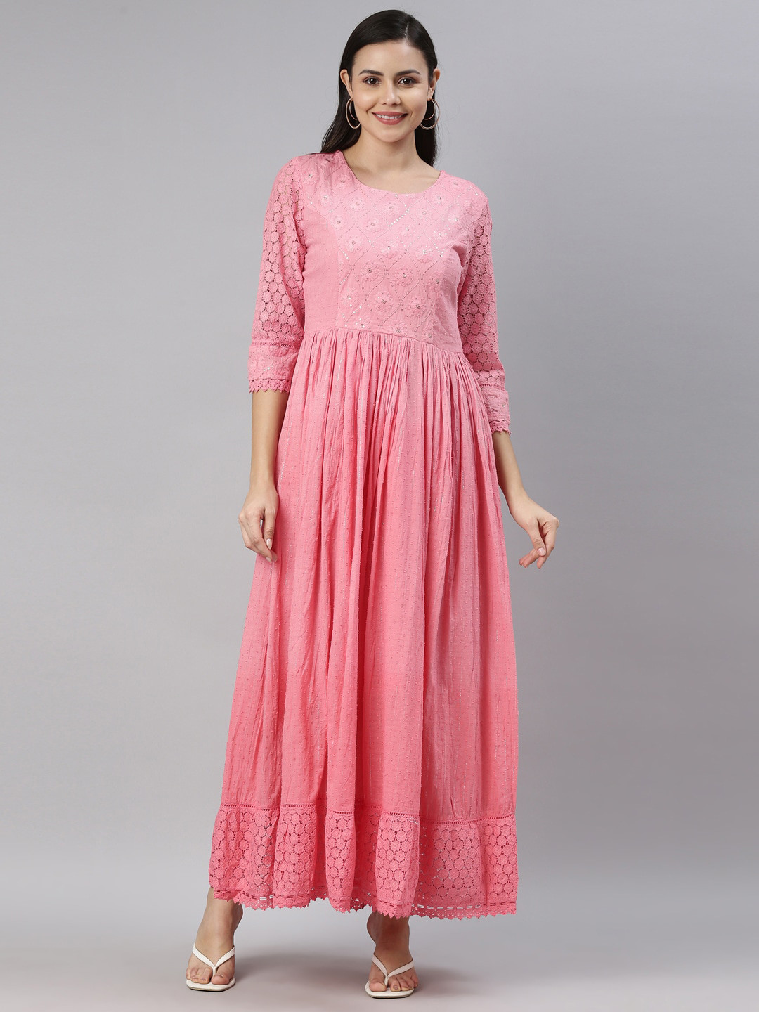 Buy Neerus Pink Floral Embroidered Ethnic Maxi Dress - Ethnic Dresses ...