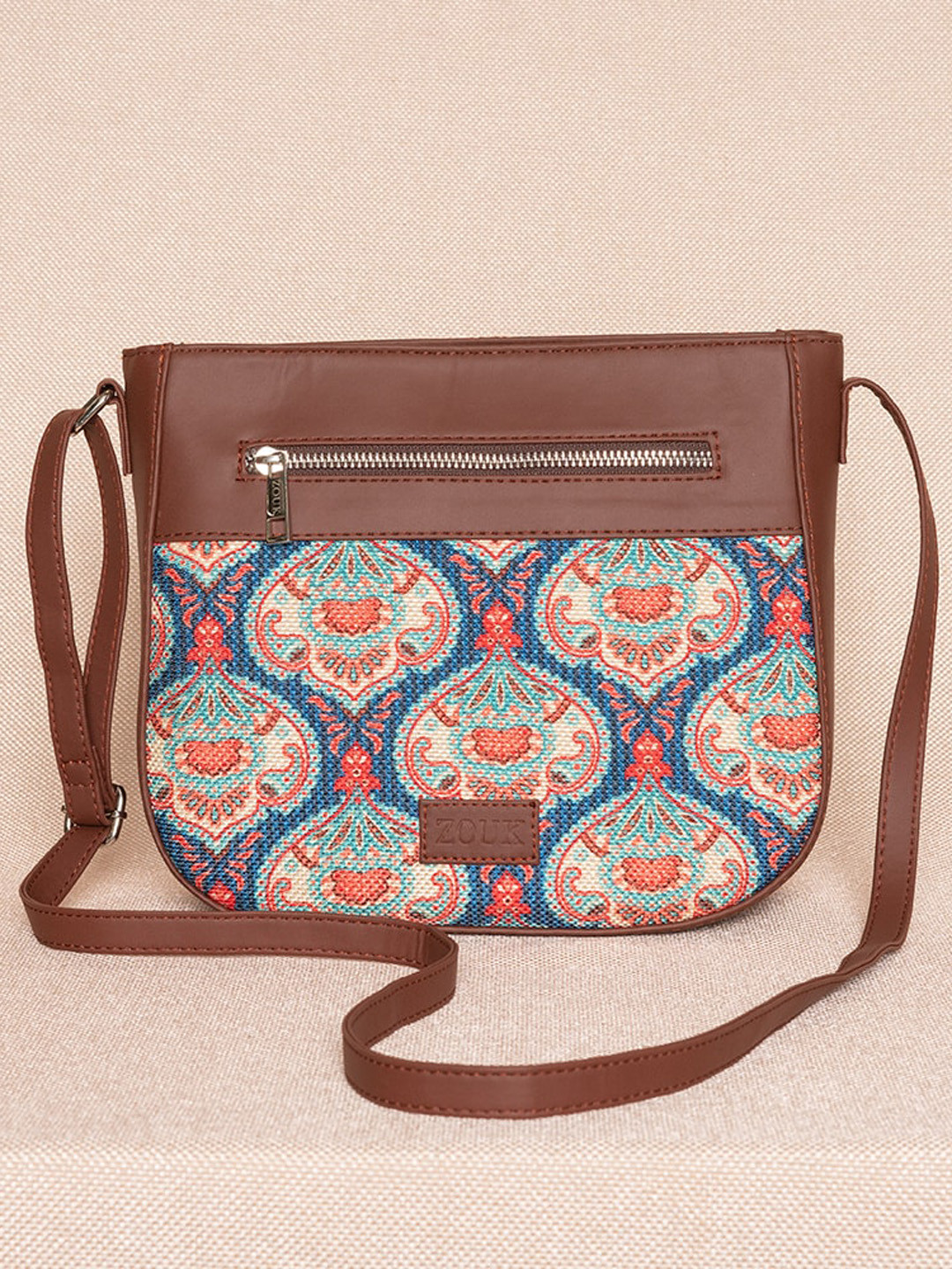 Buy ZOUK Blue & Green Ethnic Motifs Printed Structured Sling Bag ...