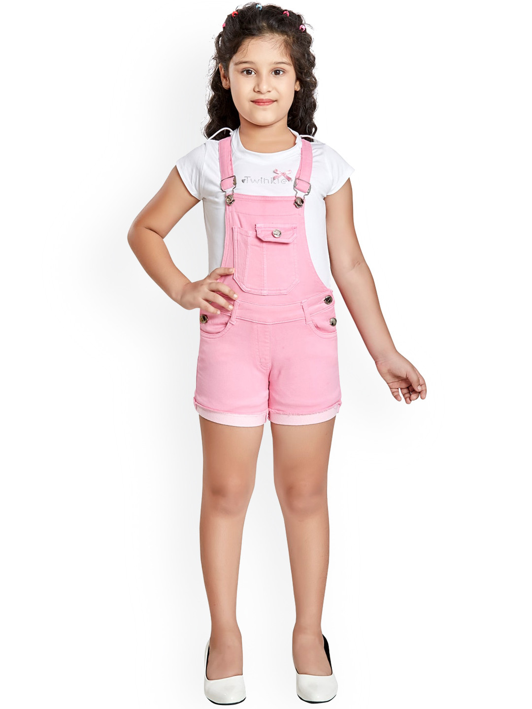 Buy Peppermint Girls Pink & White Solid Dungarees - Dungarees for Girls ...