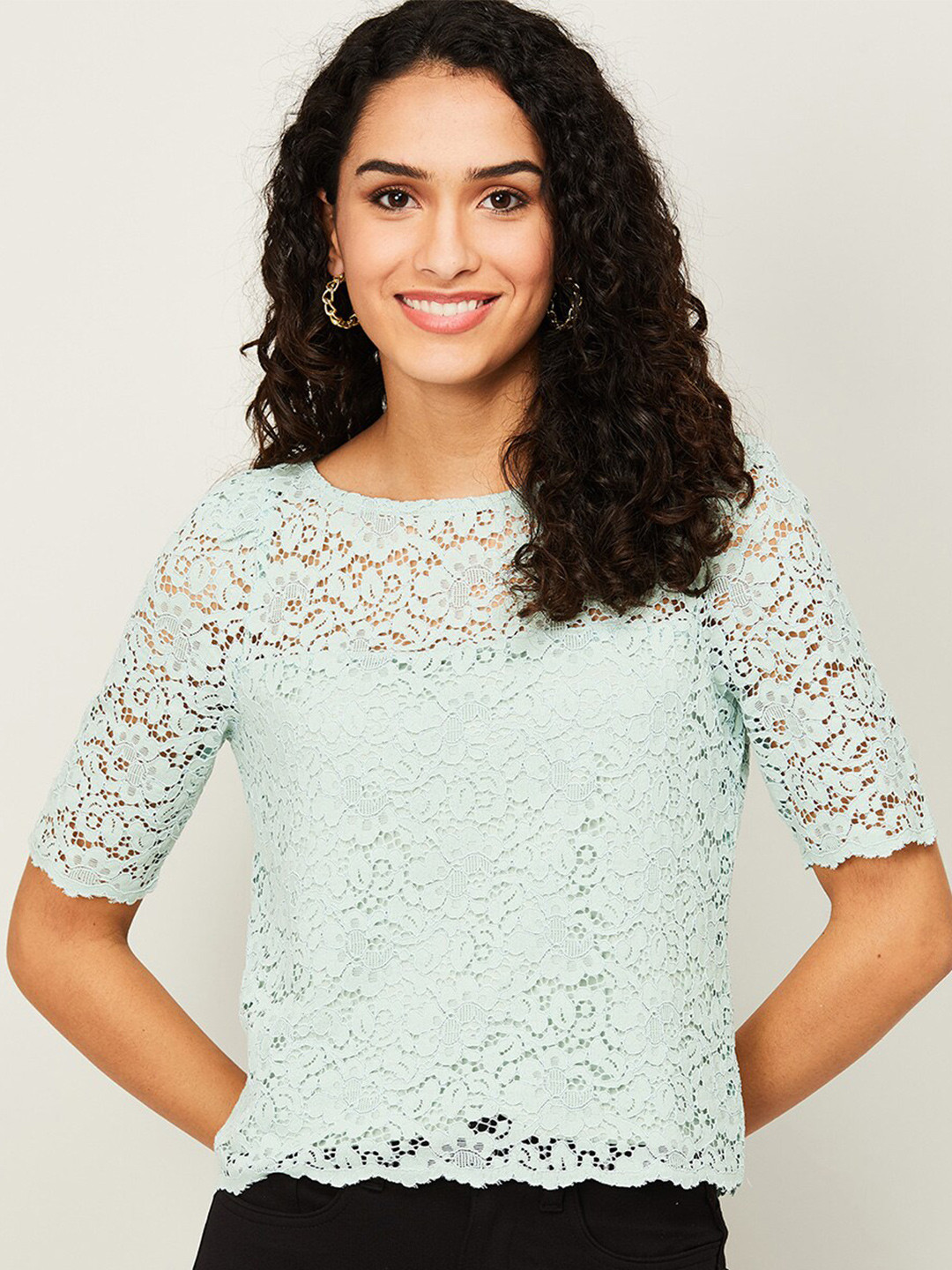 Buy CODE By Lifestyle Mint Green Floral Lace Top - Tops for Women ...