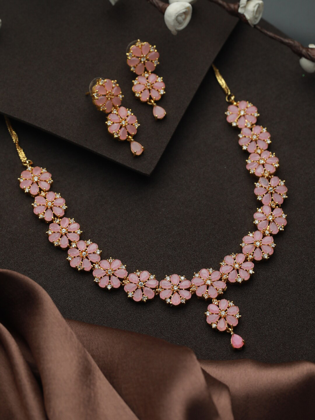 Buy Priyaasi Gold Plated Pink AD Studded Floral Jewellery Set ...
