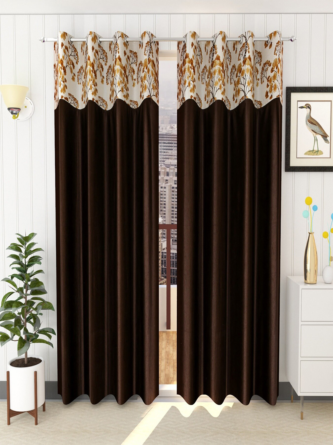 Buy Homefab India Set Of 2 Coffee Brown & White RegularFloral Long Door ...