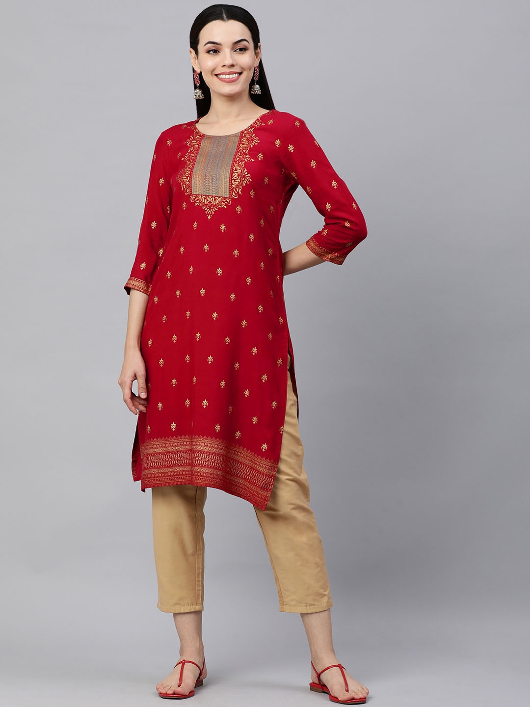 Buy Kalini Women Red And Golden Ethnic Motifs Printed Kurta Kurtas For