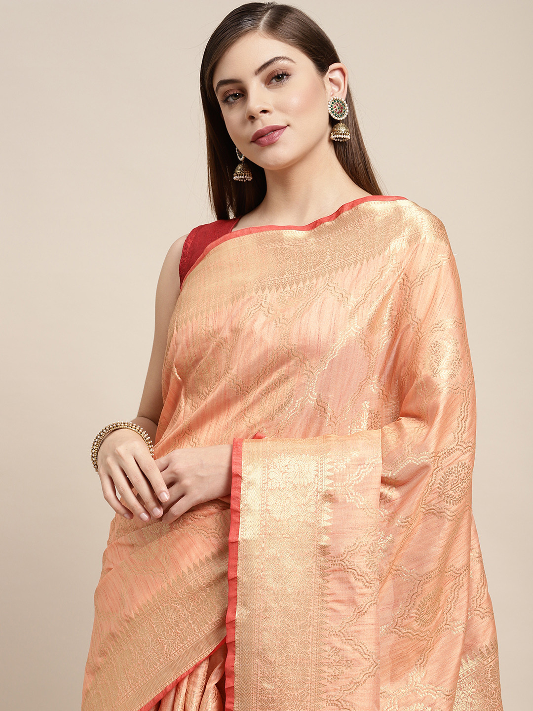 Buy SANGAM PRINTS Peach Coloured Woven Design Silk Blend Saree - Sarees ...