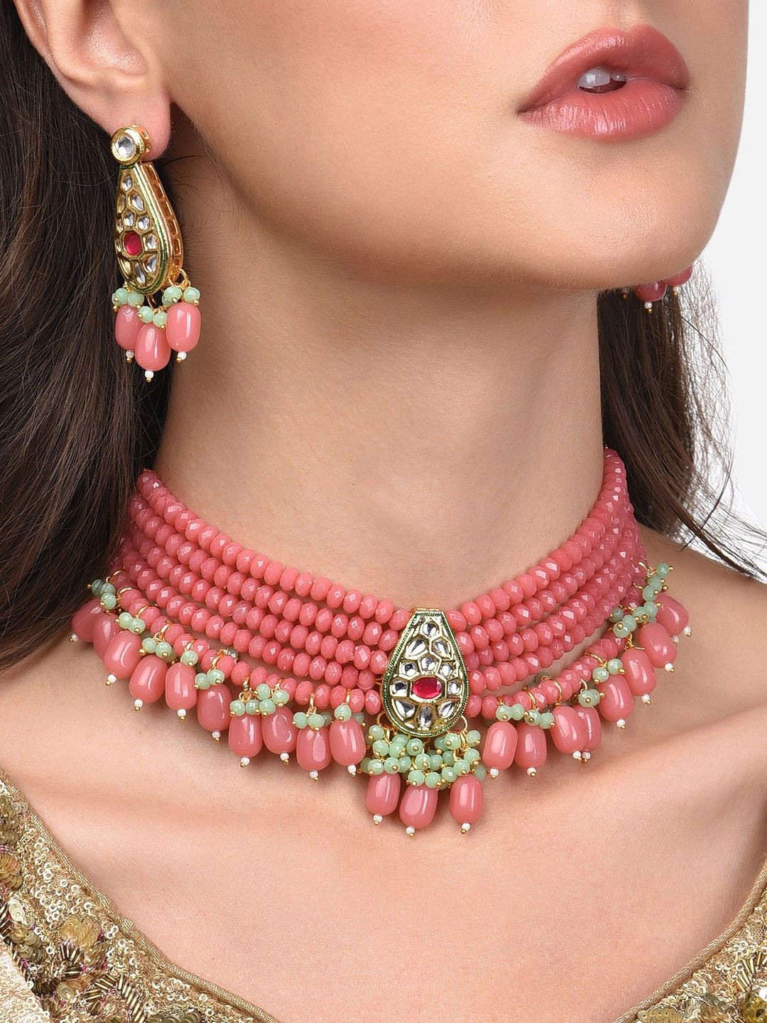 Buy Zaveri Pearls Gold Plated Pink Beaded Jewellery Set - Jewellery Set ...