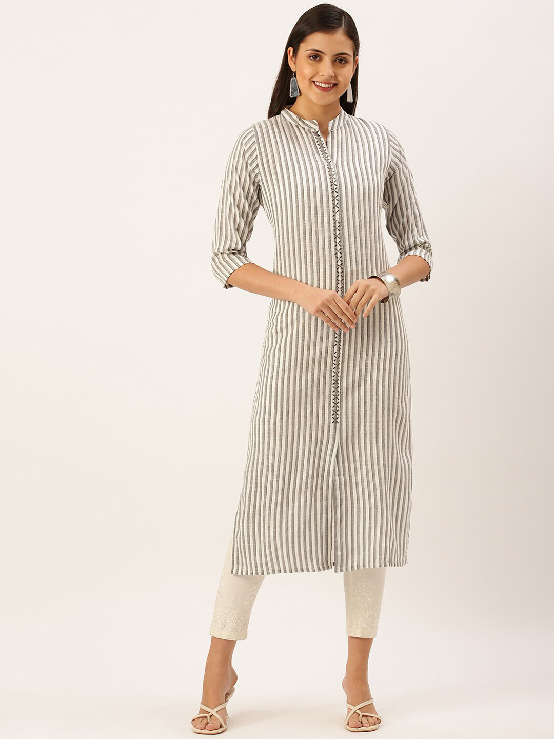 Buy SHOWOFF Grey Striped Kurta - Kurtas for Women 18412092 | Myntra