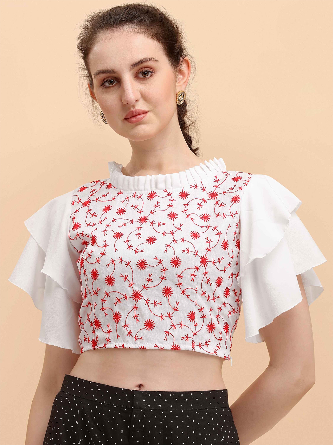 Buy Paralians White And Red Floral Embroidered Crop Top Tops For Women