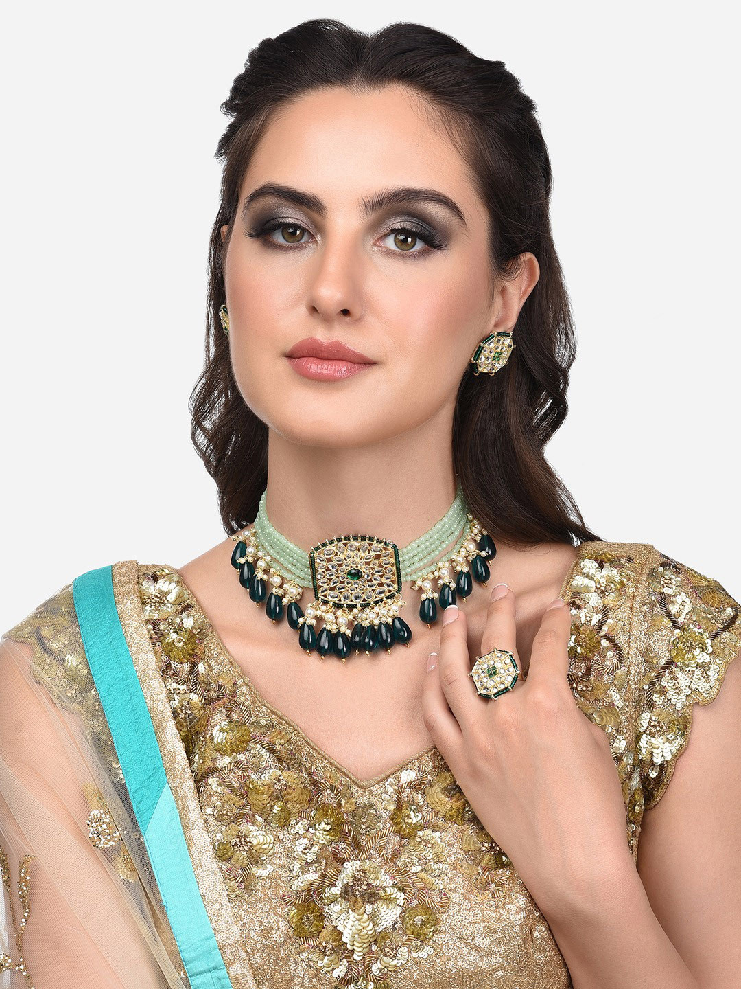 Buy Zaveri Pearls Gold Plated & White Stone Studded Green JewellerySet ...