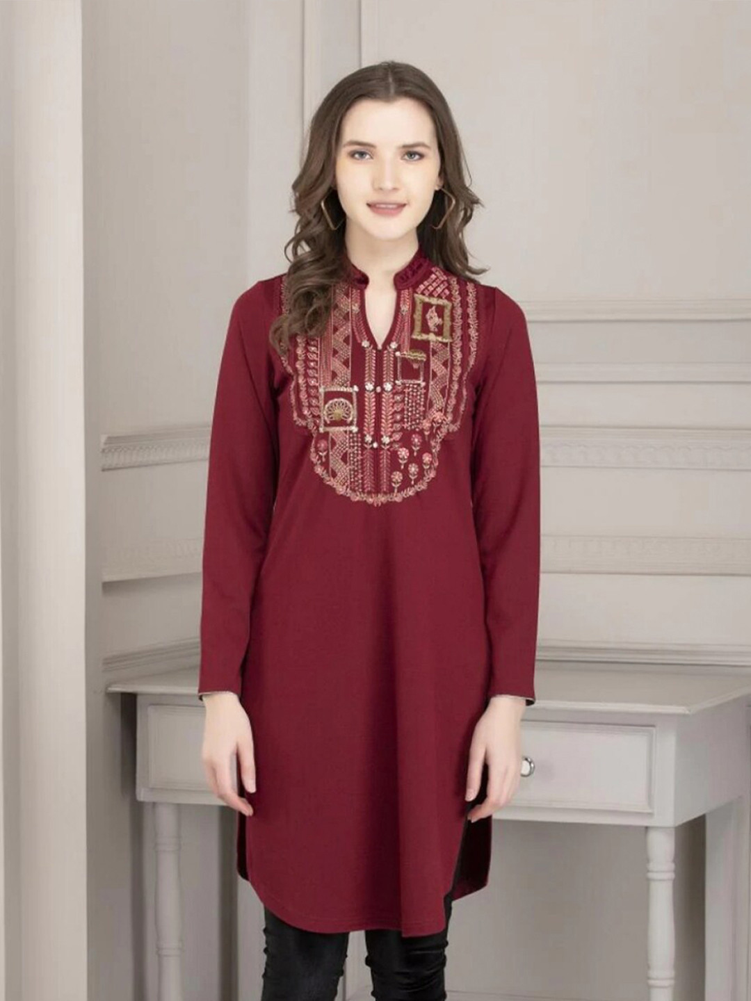 Buy Lakshita Maroon Embroidered Woollen Kurti - Kurtis for Women ...