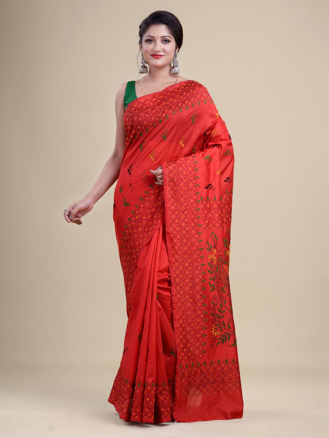 Buy Laa Calcutta Red & Green Ethnic Motifs Silk Cotton Jamdani Saree ...