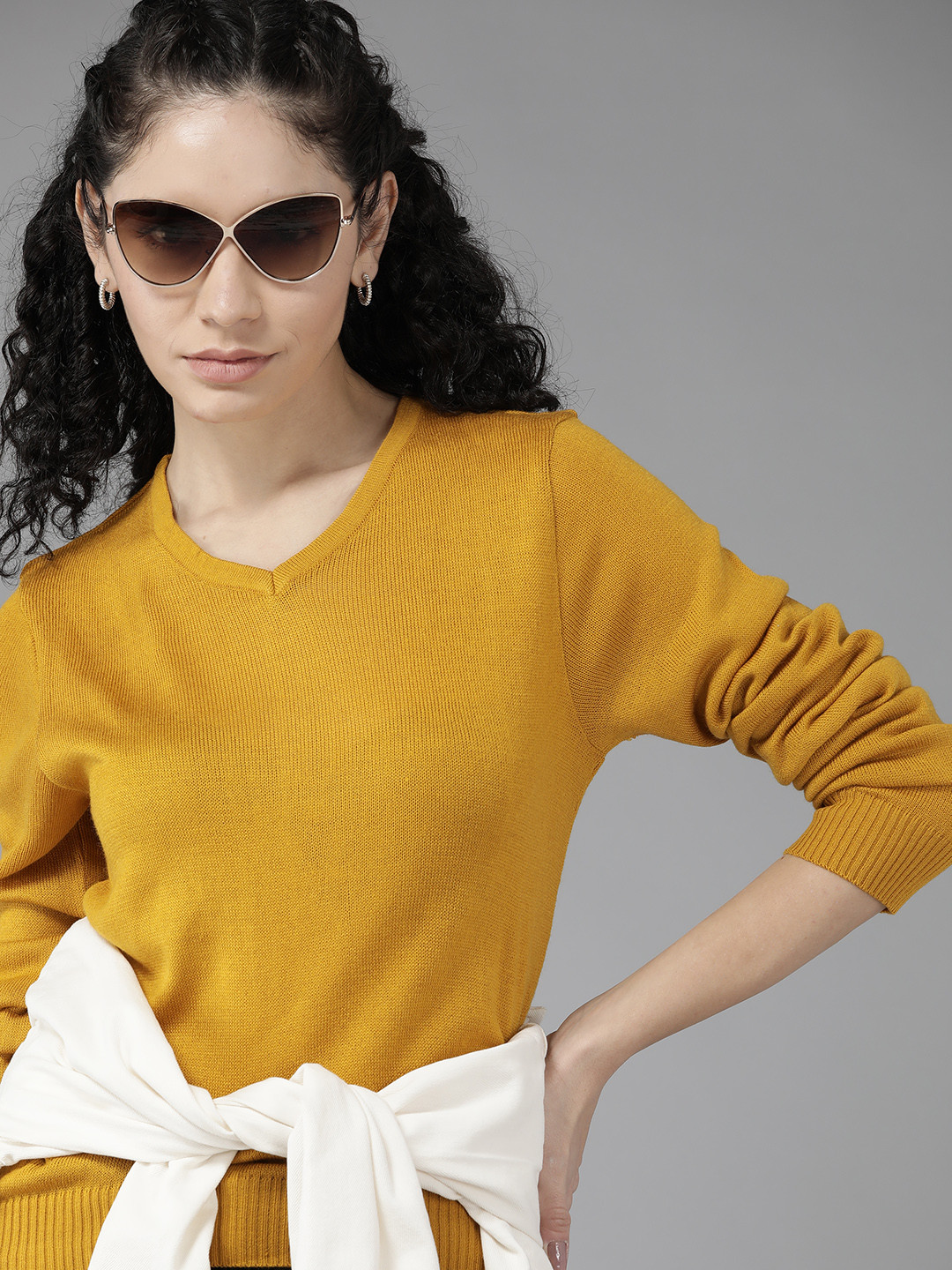 Buy Roadster Women Mustard Yellow Solid V Neck Pullover - Sweaters for ...