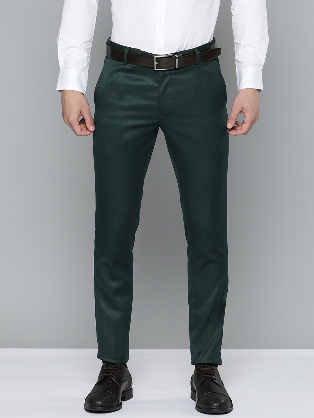 Buy DENNISON Men Green Solid Smart Auto Fit Waist Formal Trousers ...