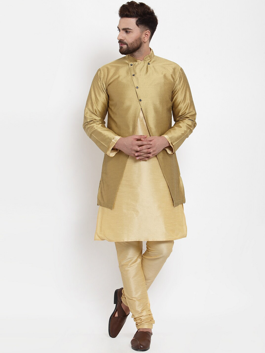 Buy Benstoke Men Beige & Golden Dupion Silk Kurta With Churidar ...