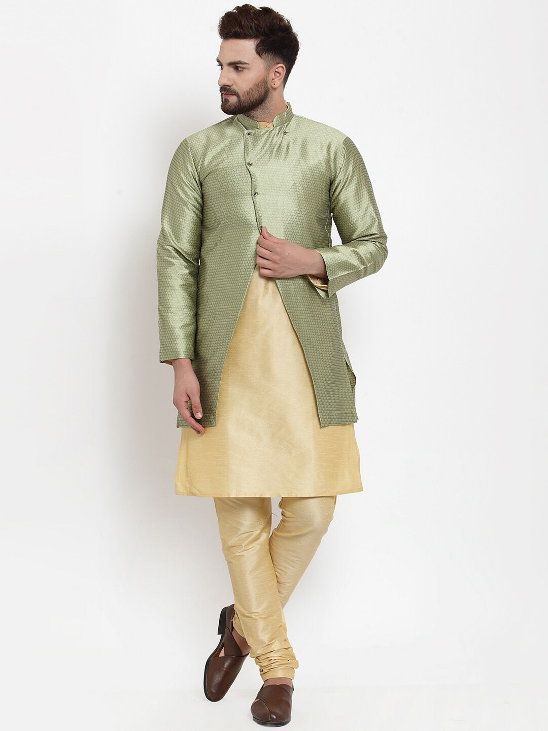 Buy Benstoke Men Gold Toned Layered Dupion Silk Kurta With Ethnic ...