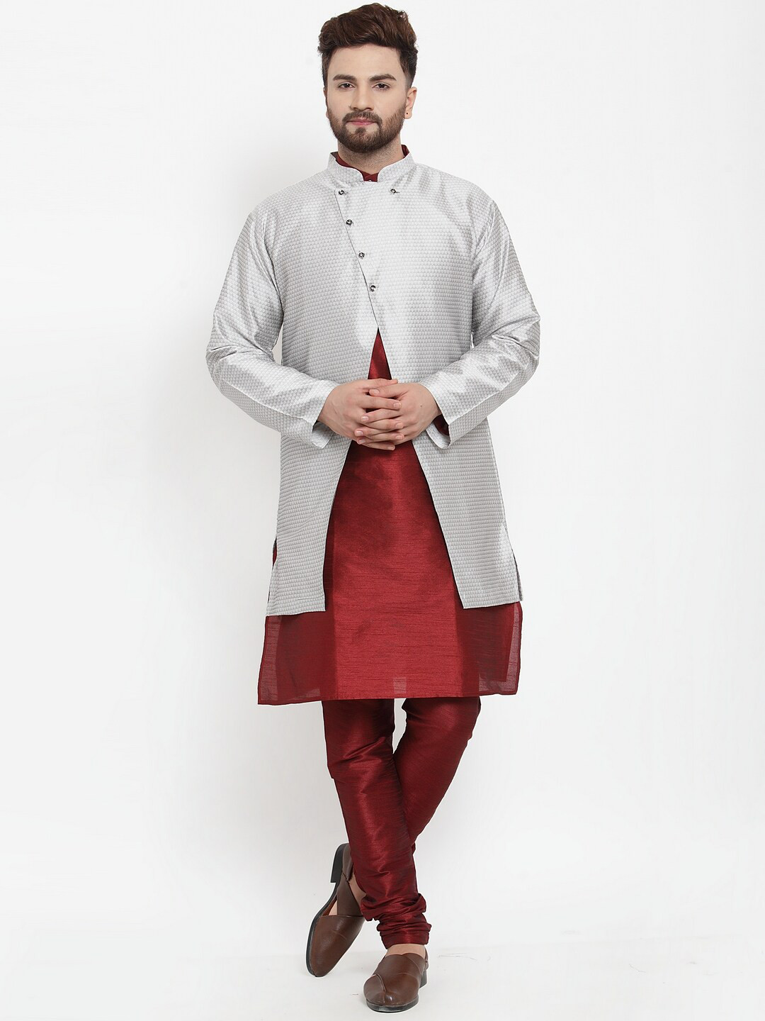 Buy Benstoke Men Maroon Layered Dupion Silk Kurta With Ethnic Jacket ...