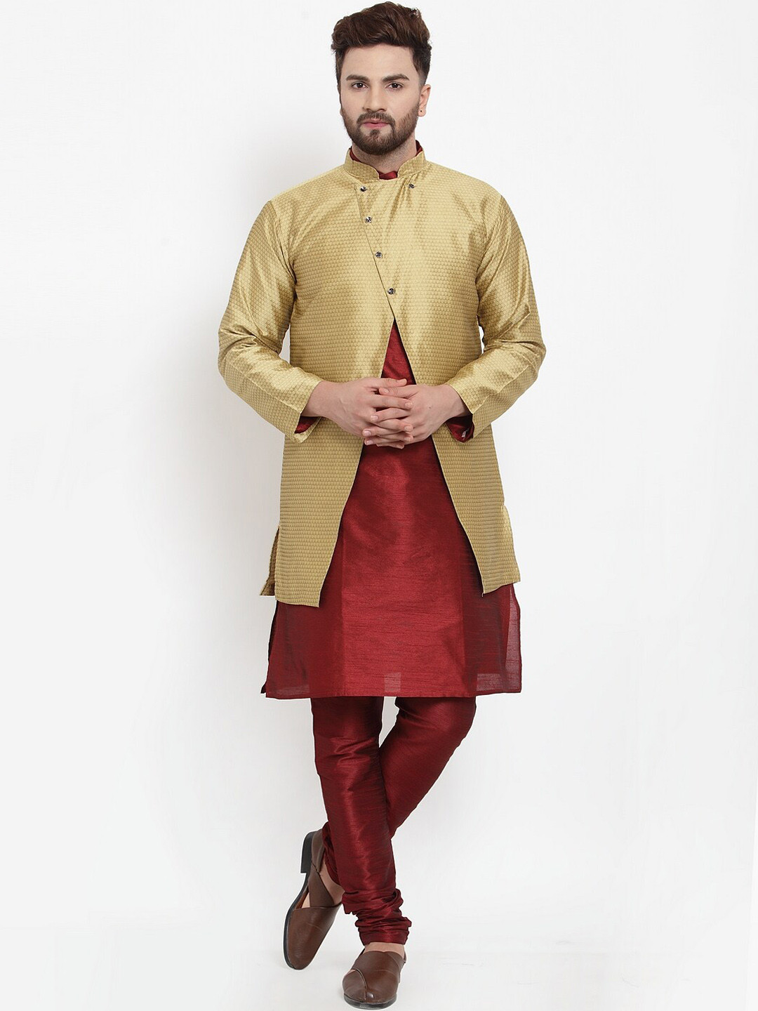 Buy Benstoke Men Maroon Angrakha Dupion Silk Kurta With Churidar And ...