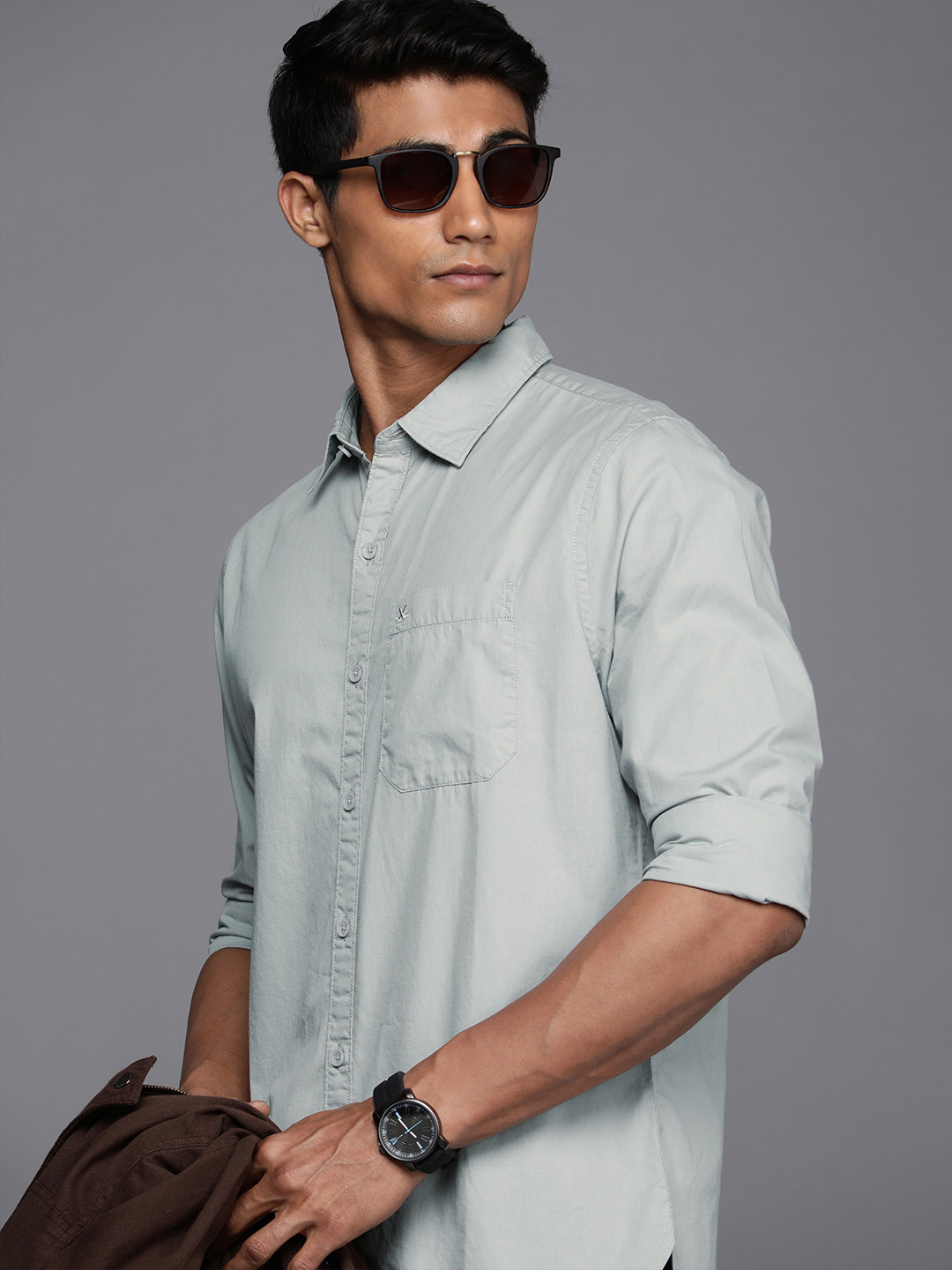 Buy WROGN Men Grey Solid Slim Fit Pure Cotton Casual Shirt - Shirts for ...