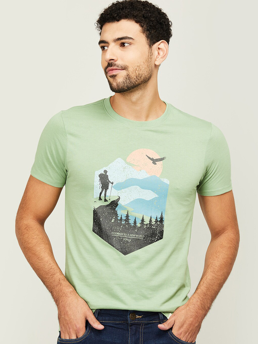 Buy Forca By Lifestyle Men Olive Green Printed Slim Fit T Shirt ...