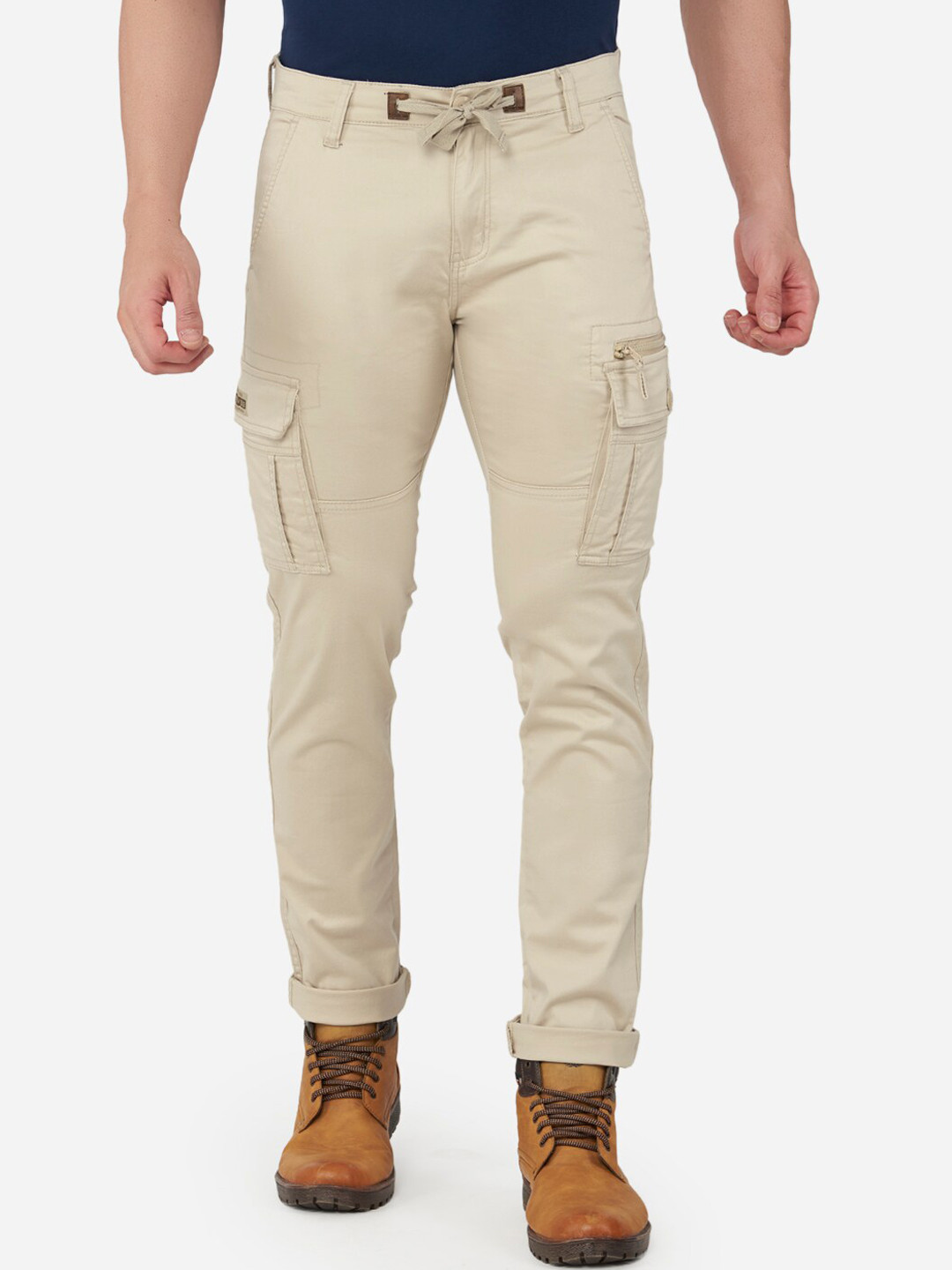 Buy Beevee Men Beige Relaxed Straight Fit Cargos Trousers - Trousers ...
