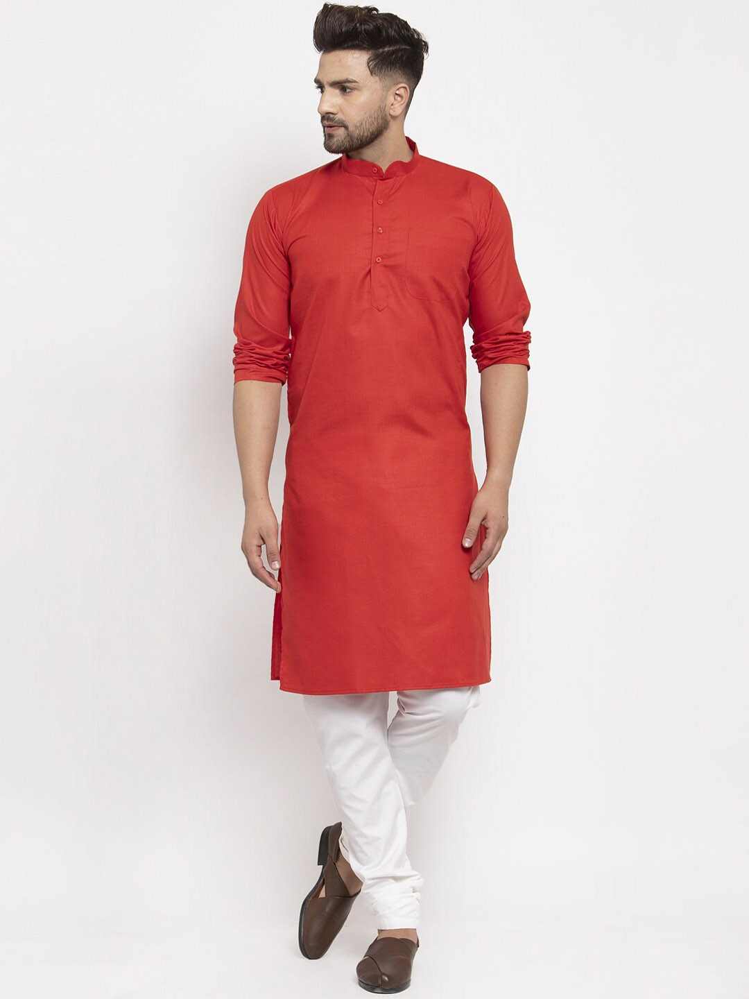 Buy Kaifoo Men Red Solid Cotton Blend Long Kurta - Kurtas for Men ...