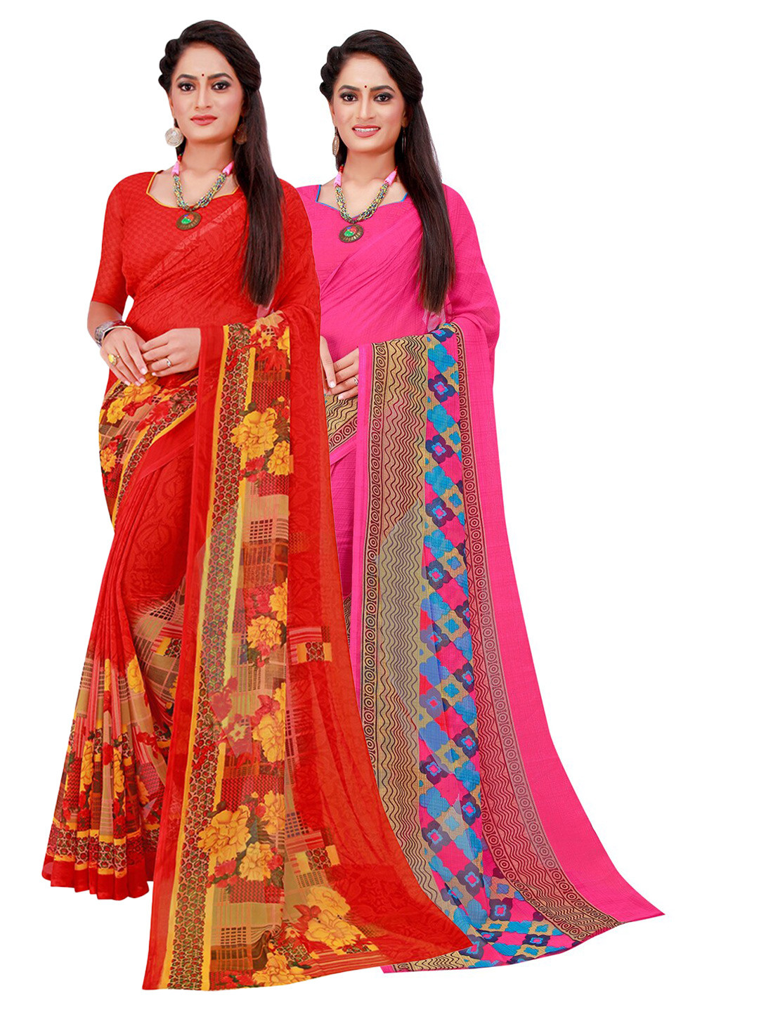 Buy KALINI Magenta & Red Set Of 2 Pure Georgette Saree - Sarees for ...