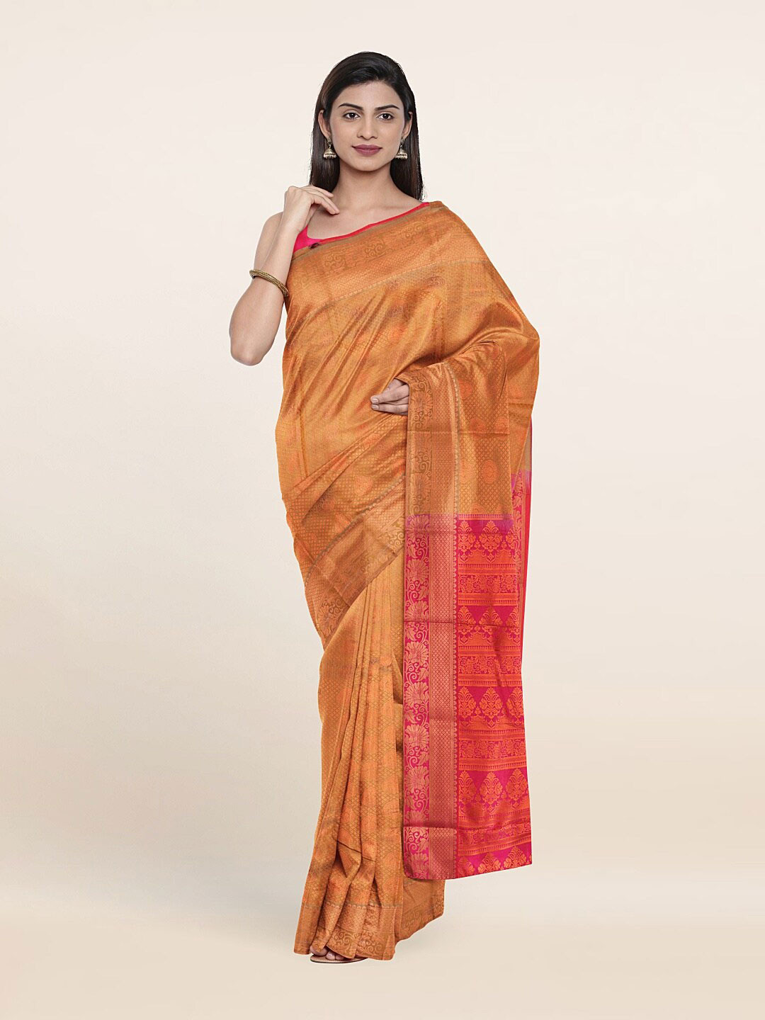 Buy Pothys Gold Toned & Pink Woven Design Zari Pure Silk Saree - Sarees ...