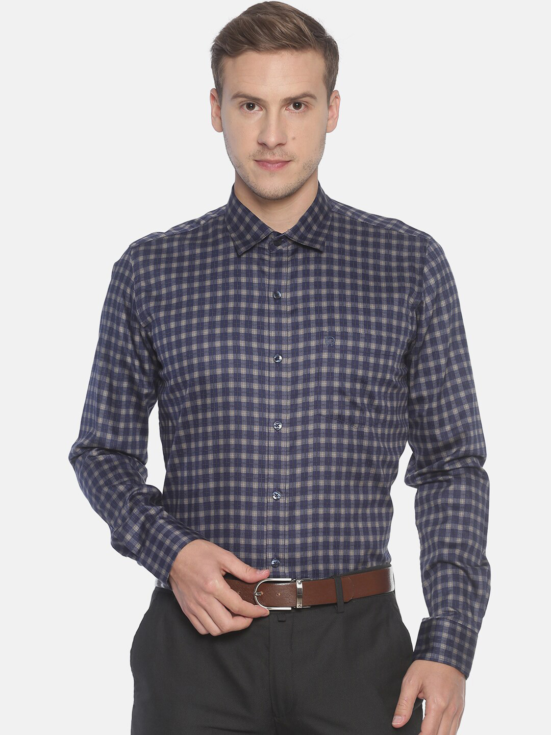 Buy COUPER & COLL Men Navy Blue Premium Slim Fit Checked Formal Shirt ...