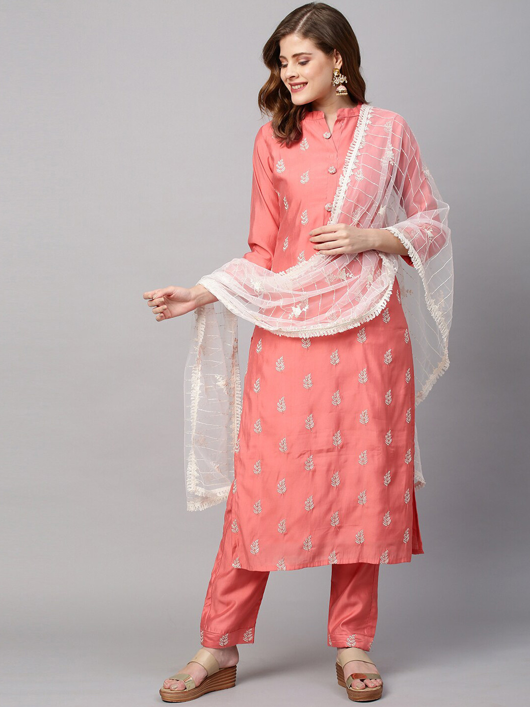 Buy FASHOR Women Peach Coloured Embroidered Kurta With Pant & Dupatta ...