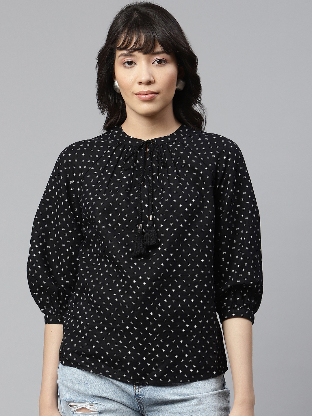 Buy Marks & Spencer Black Linen Cotton Floral Print Tie Up Neck Top ...