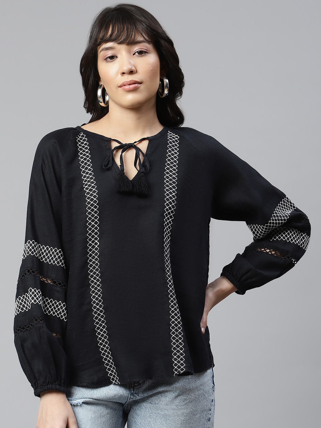 Buy Marks & Spencer Black & White Striped Pure Linen Tie Up Neck Linen ...