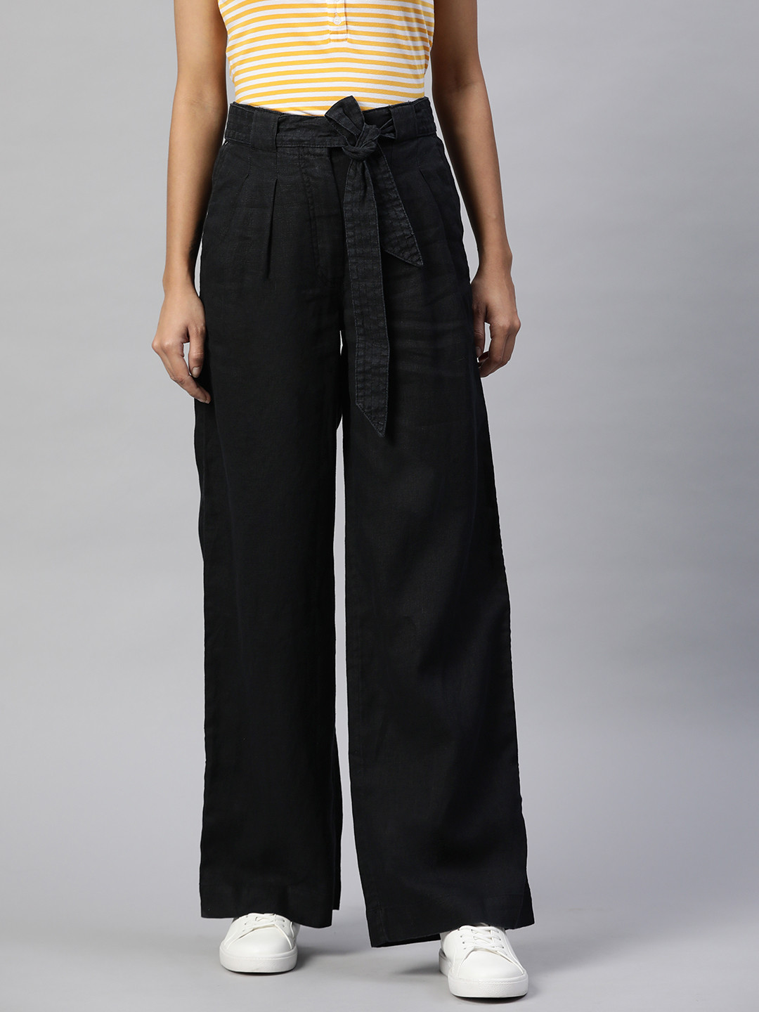 Buy Marks & Spencer Women Black High Rise Pure Linen Parallel Trousers ...