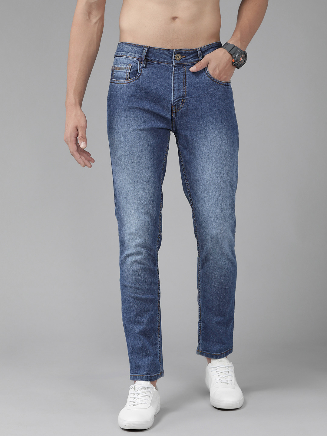 Buy Roadster Men Navy Blue Skinny Fit Heavy Fade Stretchable Jeans ...