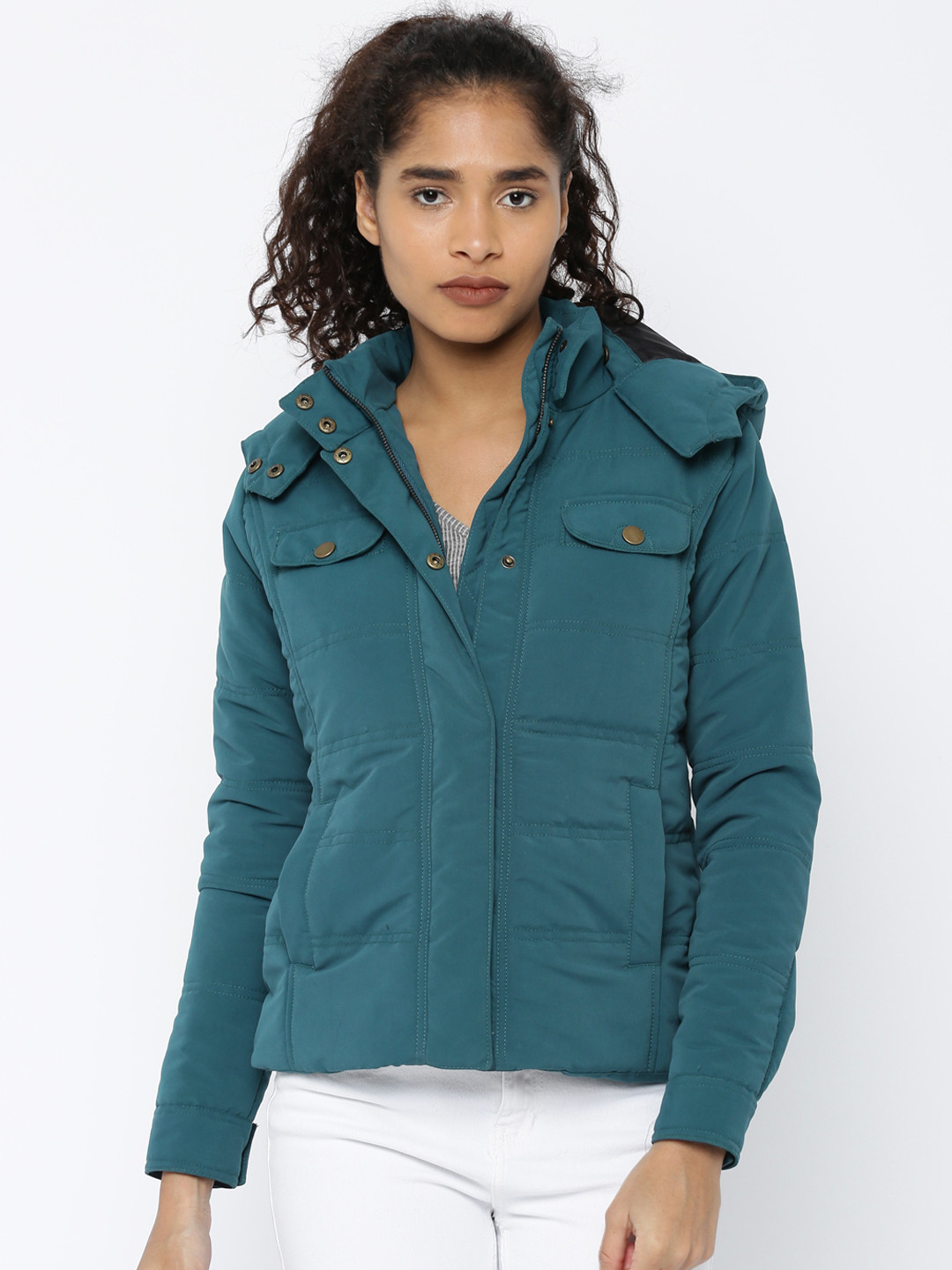 Buy Roadster Women Teal Solid Hooded Puffer Jacket - Jackets for Women ...