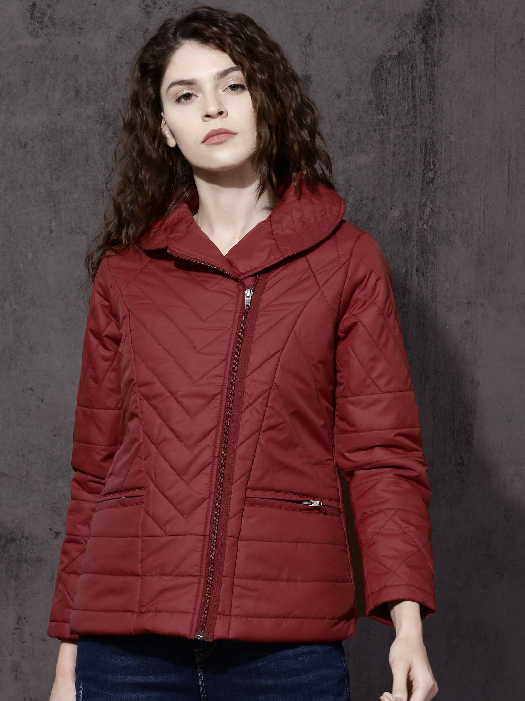 Buy Roadster Women Maroon Self Design Puffer Jacket - Jackets for Women ...