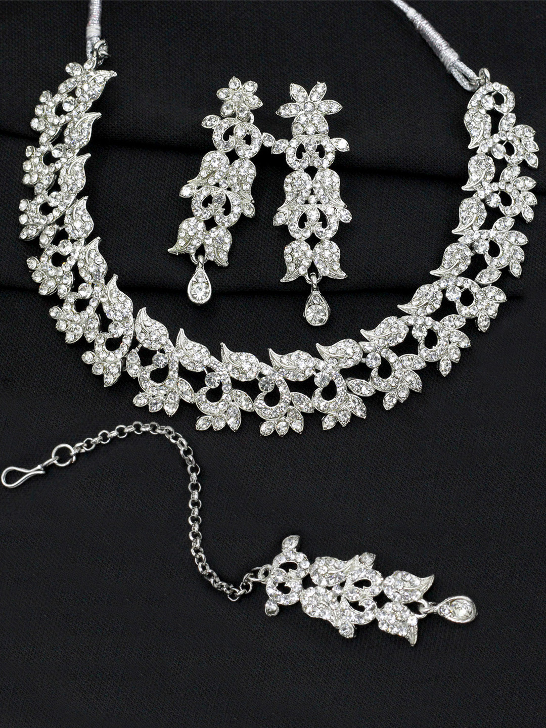 Buy SAIYONI Silver Plated & White Stone Studded Jewellery Set ...