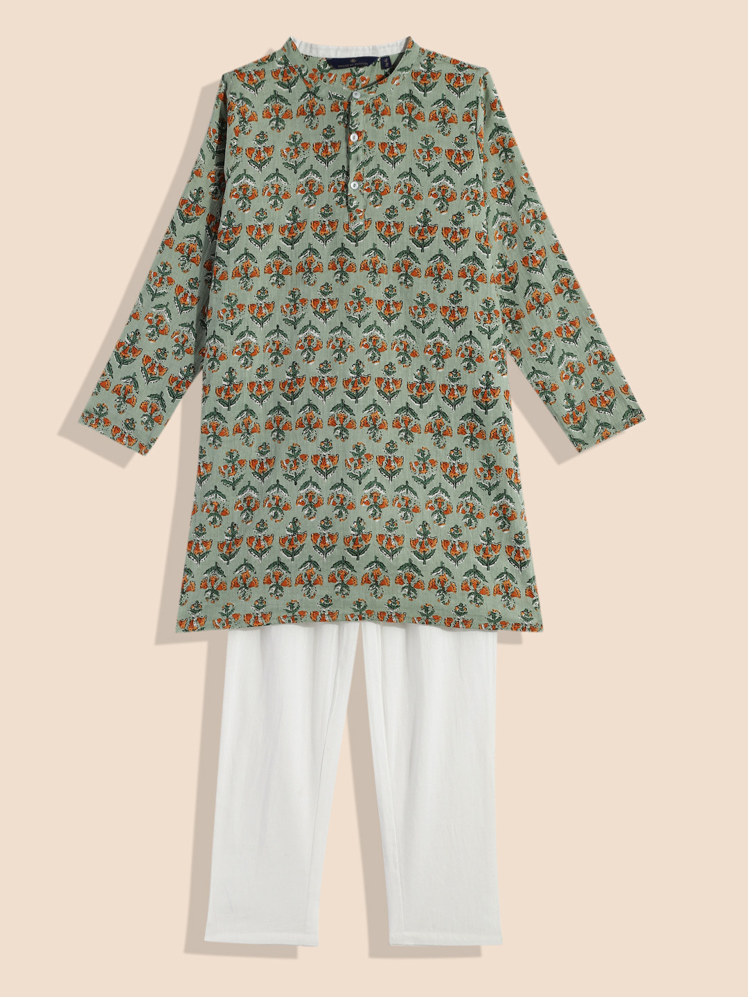 Buy House Of Pataudi Boys Green & White Printed Pure Cotton Kurta With ...