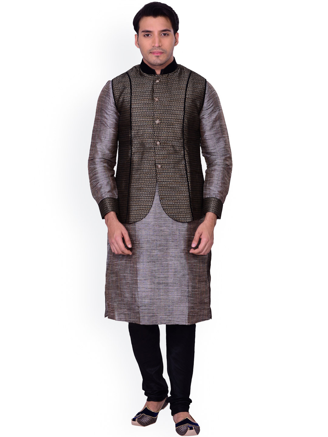 Buy Manyavar Men Grey & Black Patterned Kurta With Churidar & Nehru ...