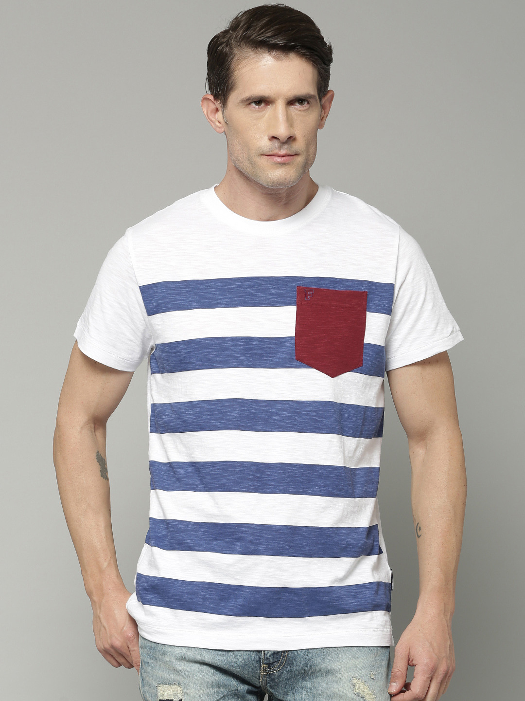 Buy French Connection White & Blue Striped T Shirt - Tshirts for Men ...