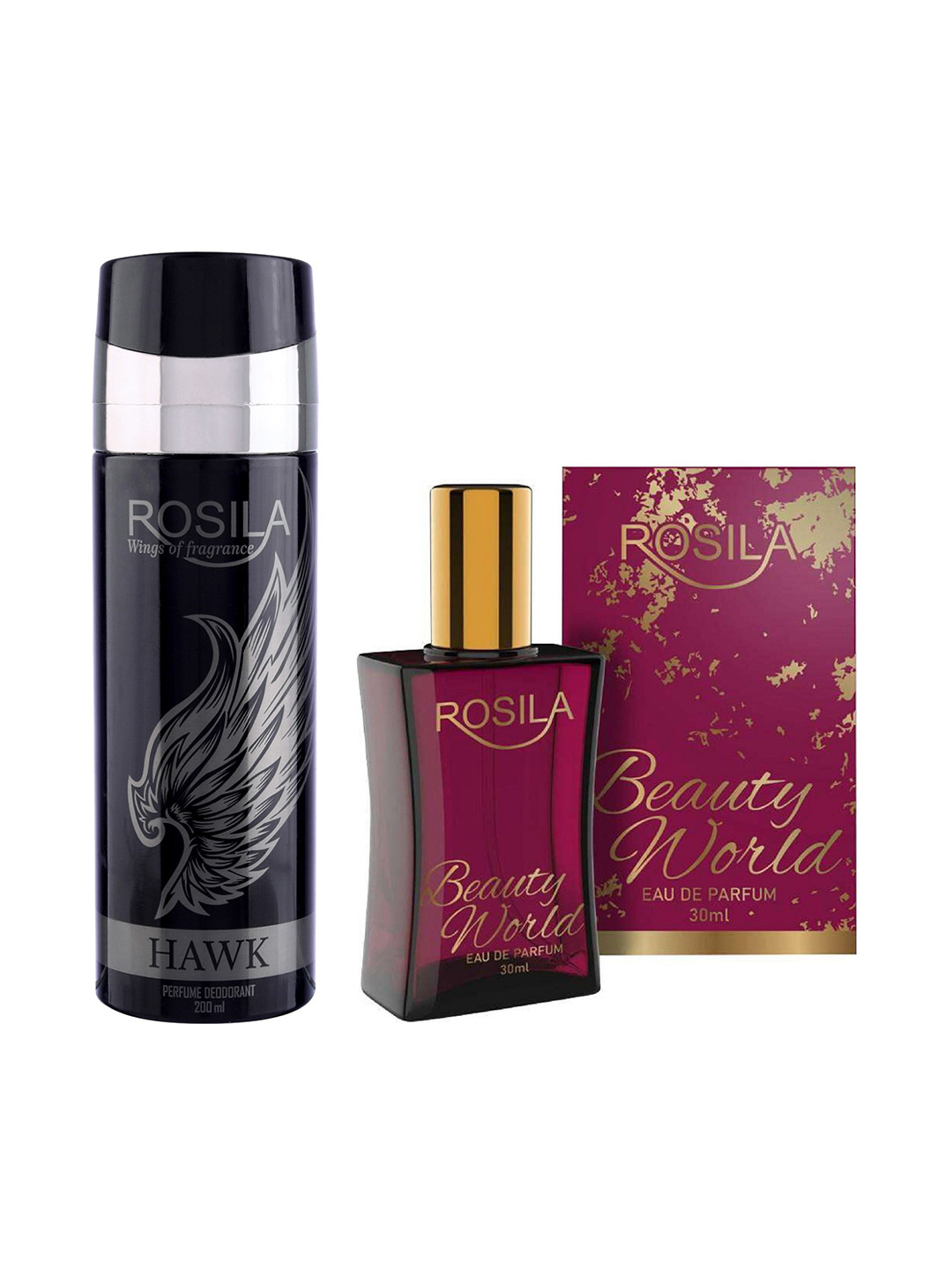 Buy ROSILA Set Of Beauty World Eau De Parfum 30 Ml & Hawk Deodorant 200 Ml - Fragrance Combo for ...
