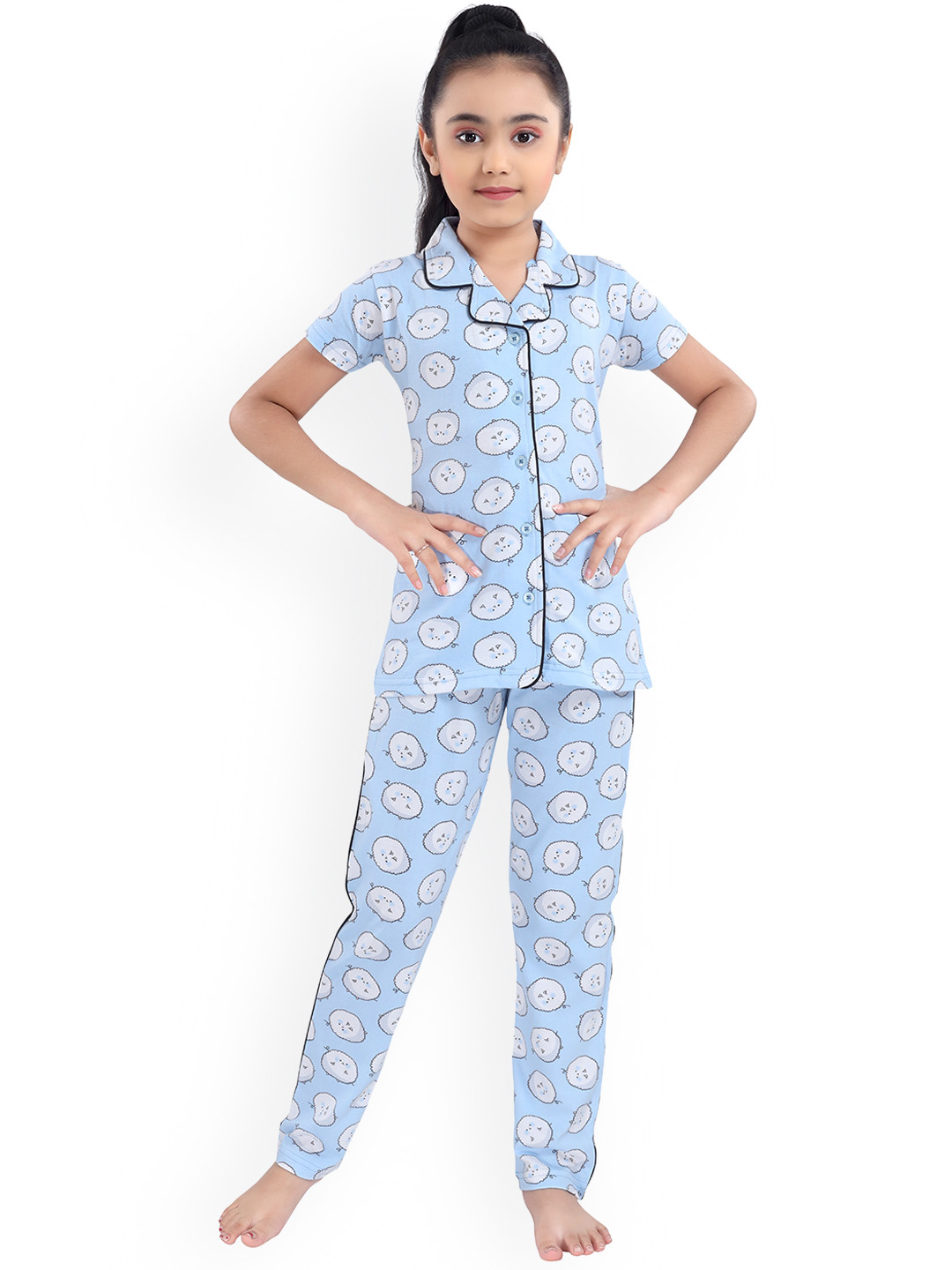 Buy 9shines Label Girls Blue & White Printed Pure Cotton Night Suit ...