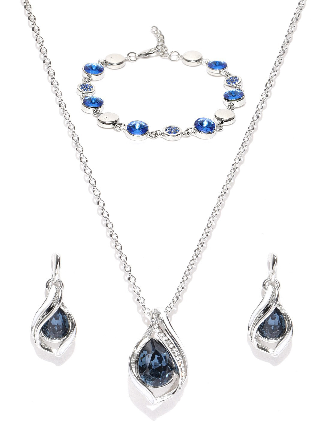 Buy Mahi Rhodium Plated Blue Stone Studded & Beaded Jewellery Set ...