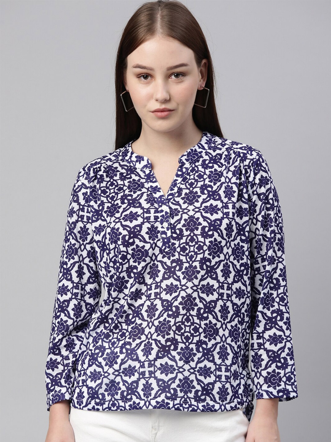 Buy Laya Blue And White Floral Print Mandarin Collar Top Tops For Women