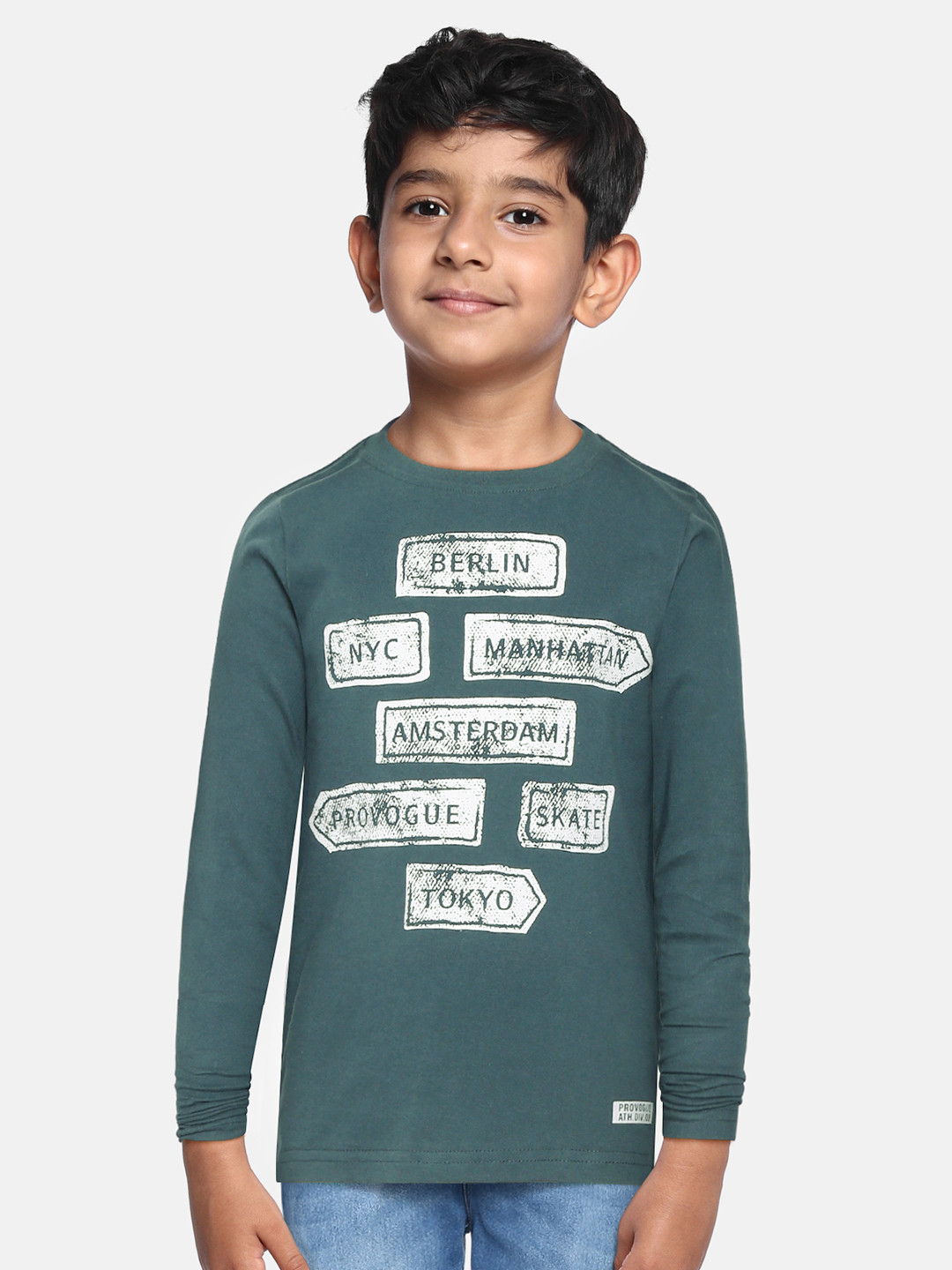 Buy Provogue Boys Green & White Brand Logo Printed Pure Cotton T Shirt ...