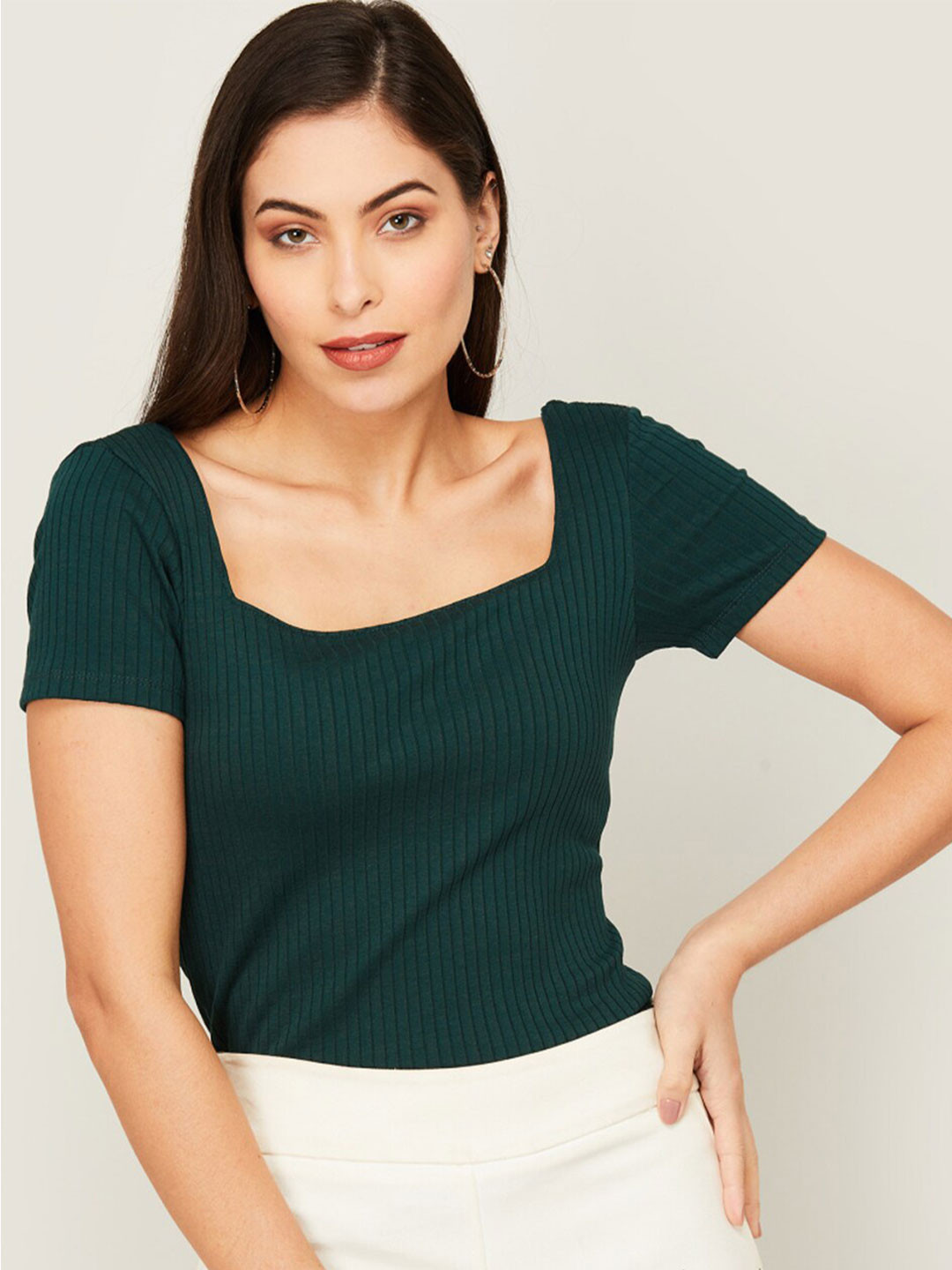 Buy CODE By Lifestyle Green Cotton Blend Solid Striped Top - Tops for ...