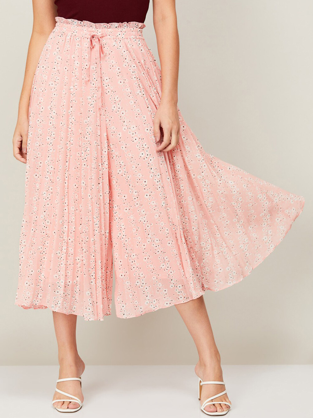 Buy CODE By Lifestyle Women Pink Printed Pleated Culottes Trousers ...
