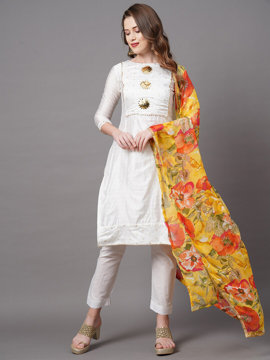 Buy Saree Mall White & Yellow Embroidered Unstitched Dress Material ...