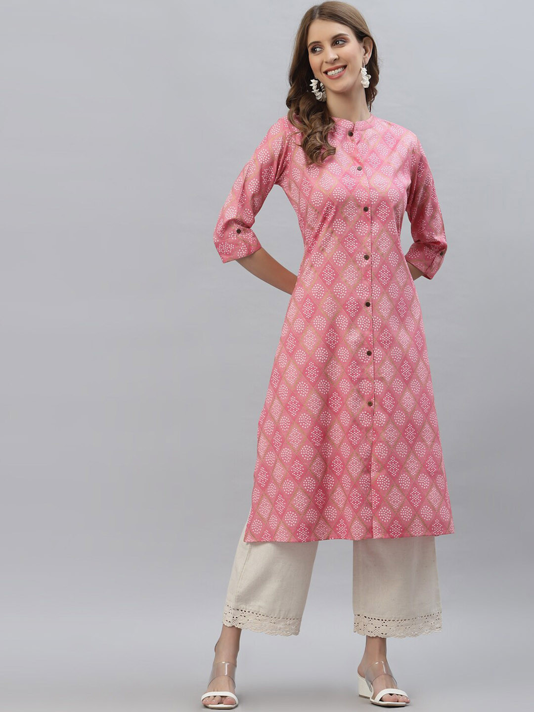 Buy Stylum Women Pink & Rosette Geometric Checked Kurta - Kurtas for Women 18485582 | Myntra