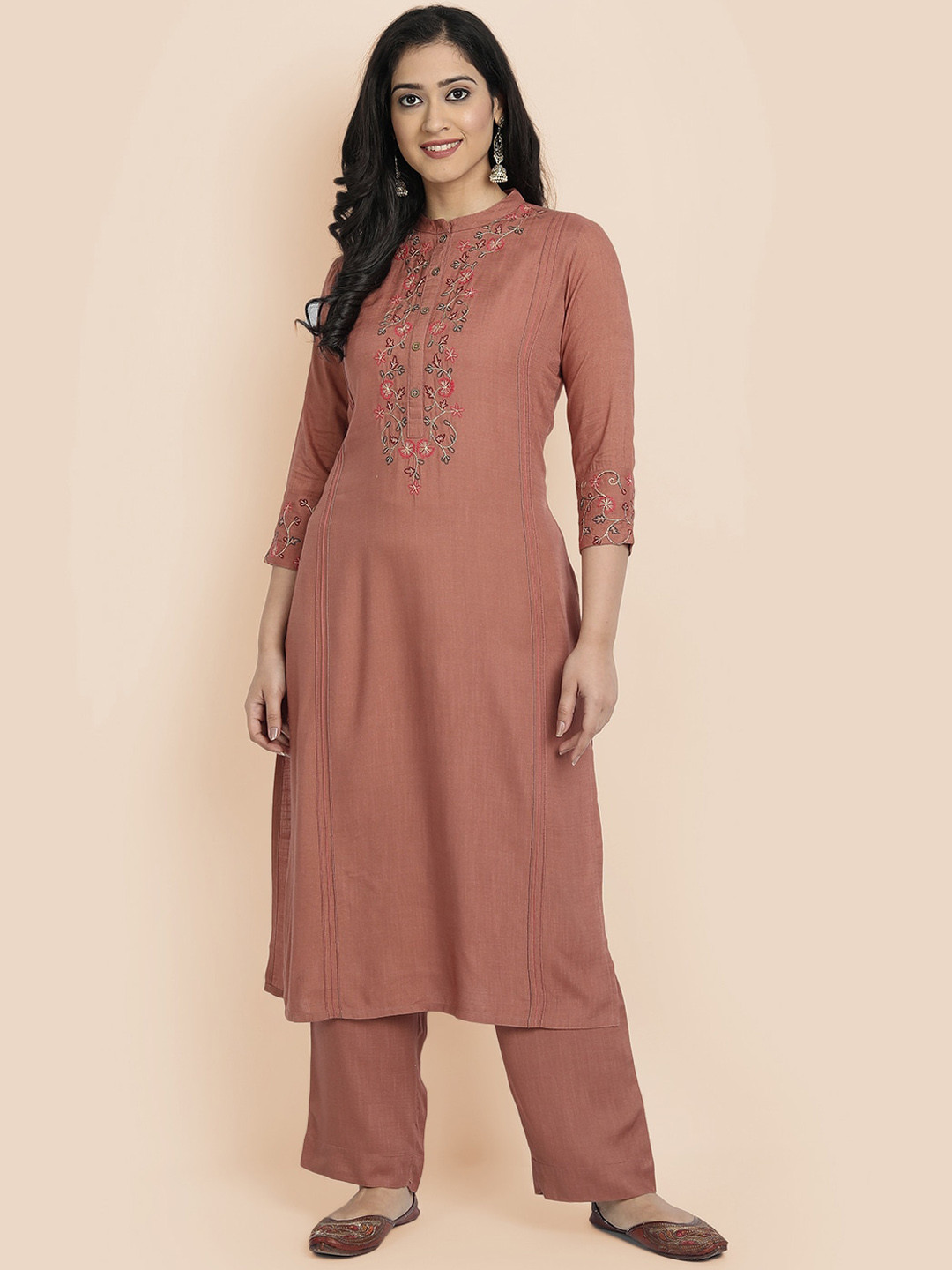 Buy SUTI Women Rust Floral Embroidered Panelled Kurti With Trousers ...