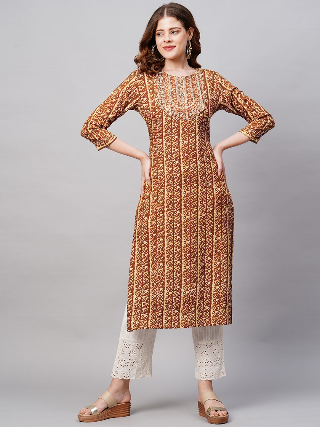 Buy Fashor Women Mustard Yellow Printed Keyhole Neck Flared Sleeves